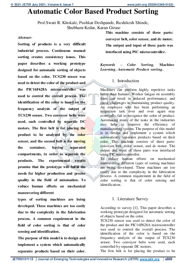 (PDF) Automatic Color Based Product Sorting