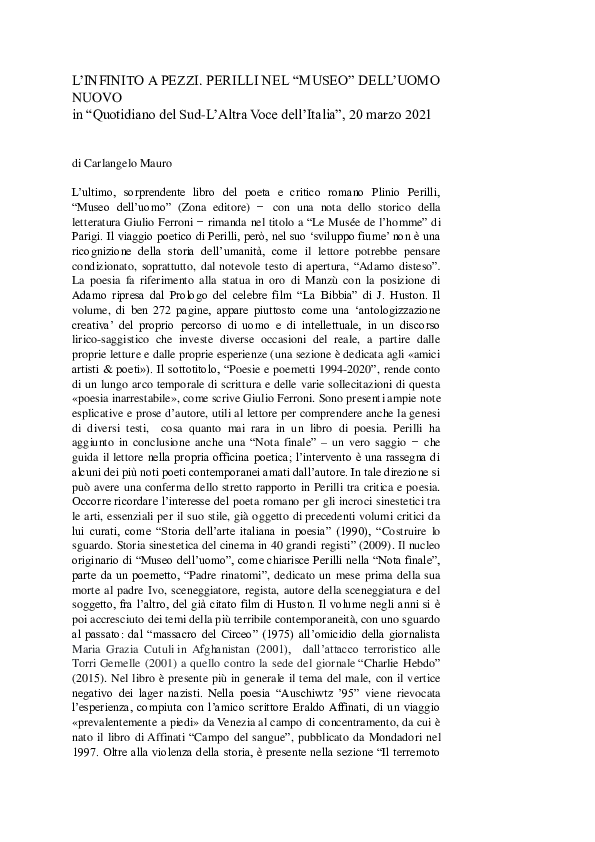 (PDF) Recensione_intervista a Plinio Perilli, Il Museo dell'uomo_L ...