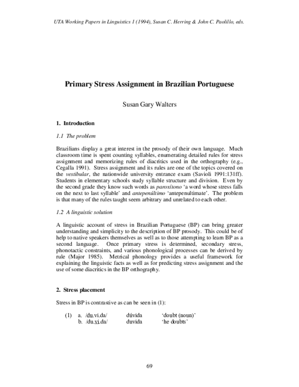 (PDF) Primary Stress Assignment in Brazilian Portuguese