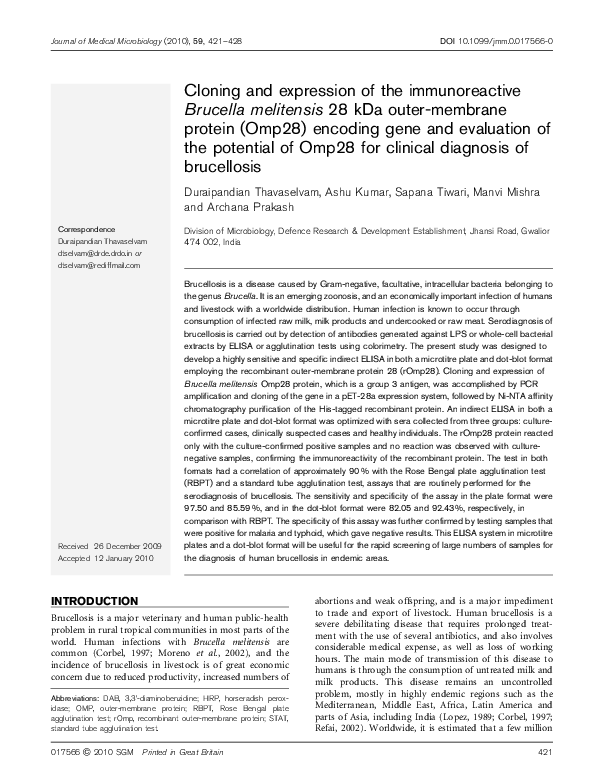 (PDF) Cloning and expression of the immunoreactive Brucella melitensis 28 kDa outer-membrane ...