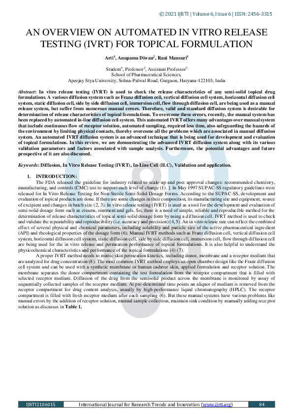 (PDF) An Overview on Automated in Vitro Release Testing (Ivrt) for ...