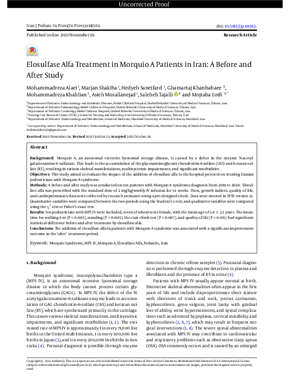 (PDF) Elosulfase Alfa Treatment in Morquio A Patients in Iran: A Before ...