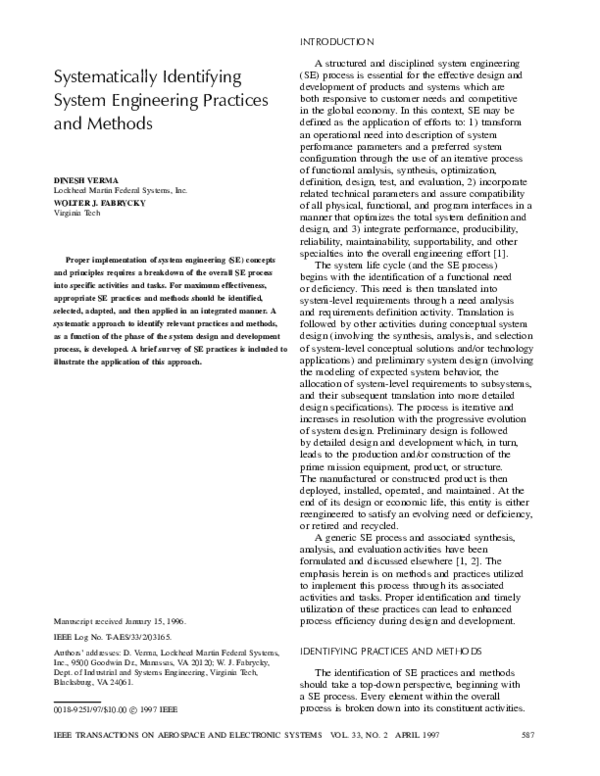 (PDF) Systematically identifying system engineering practices and methods