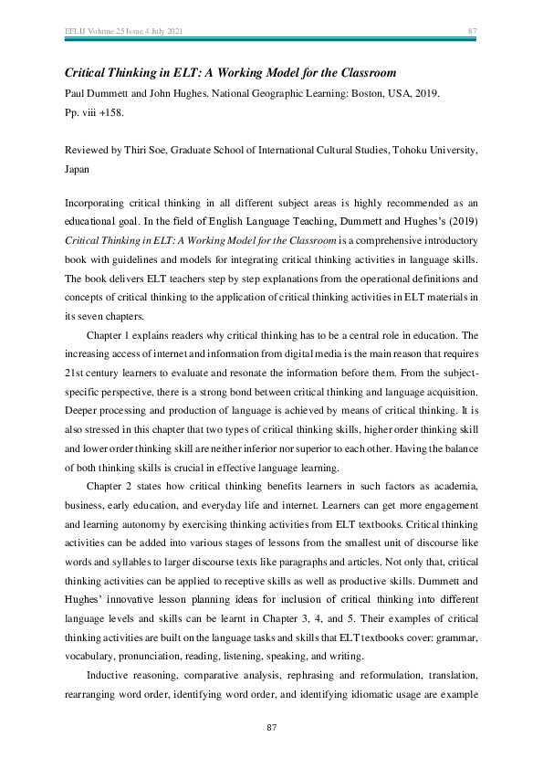 (PDF) Critical Thinking in ELT: A Working Model for the Classroom
