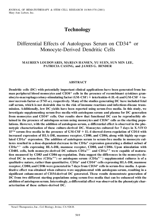 (PDF) Differential Effects of Autologous Serum on CD34+or Monocyte ...