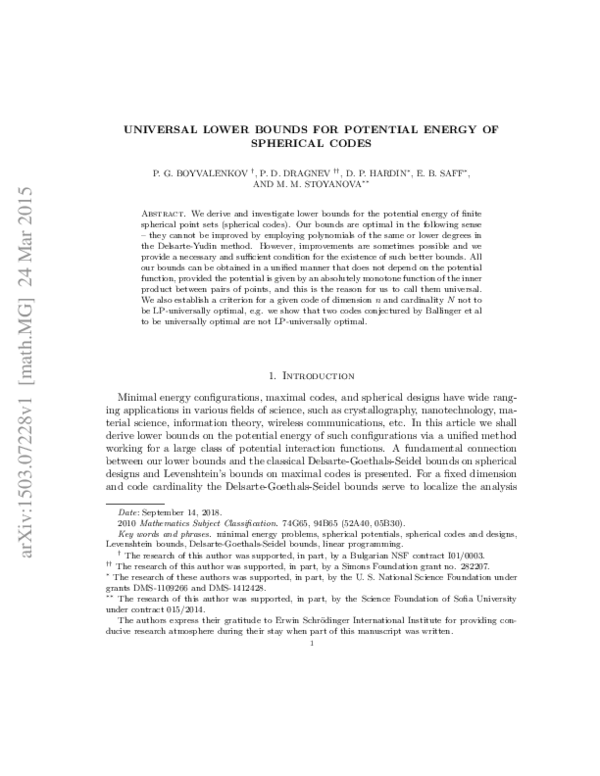 (PDF) Universal Lower Bounds for Potential Energy of Spherical Codes