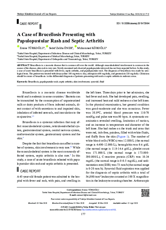Pdf A Case Of Brucellosis Presenting With Papulopustular Rash And Septic Arthritis Emine
