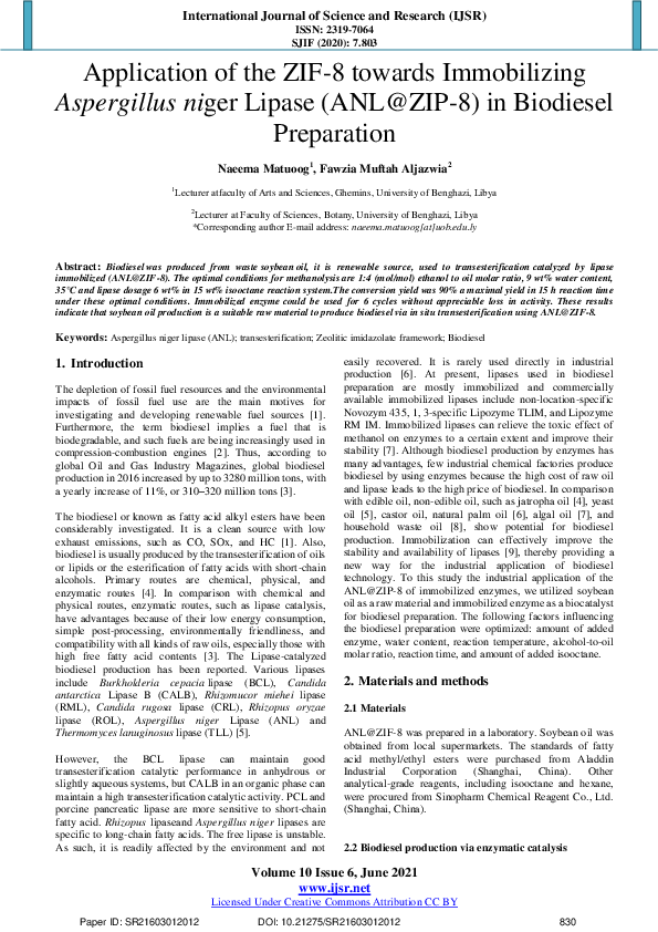 (PDF) Application of the ZIF-8 towards Immobilizing Aspergillus niger ...
