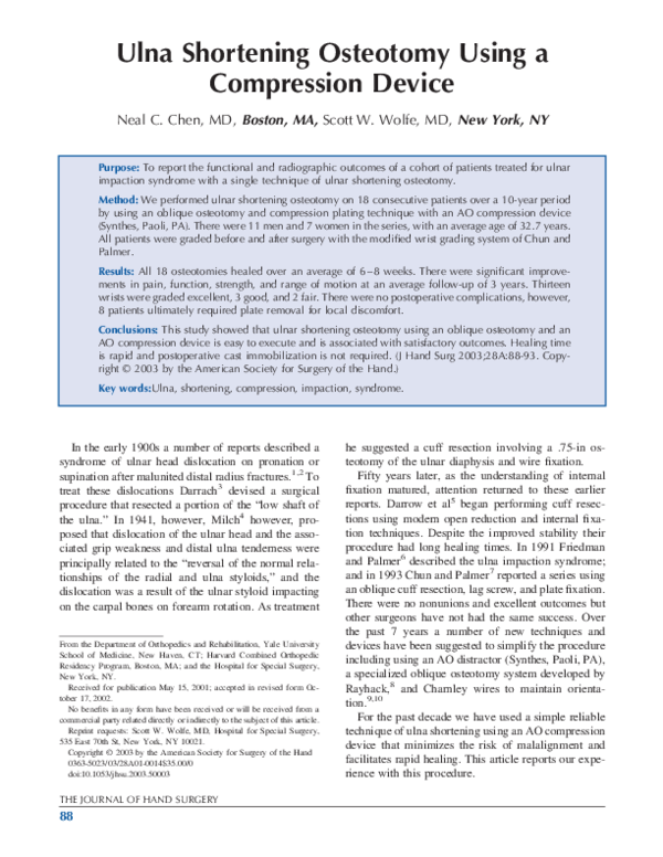 (PDF) Ulna shortening osteotomy using a compression device