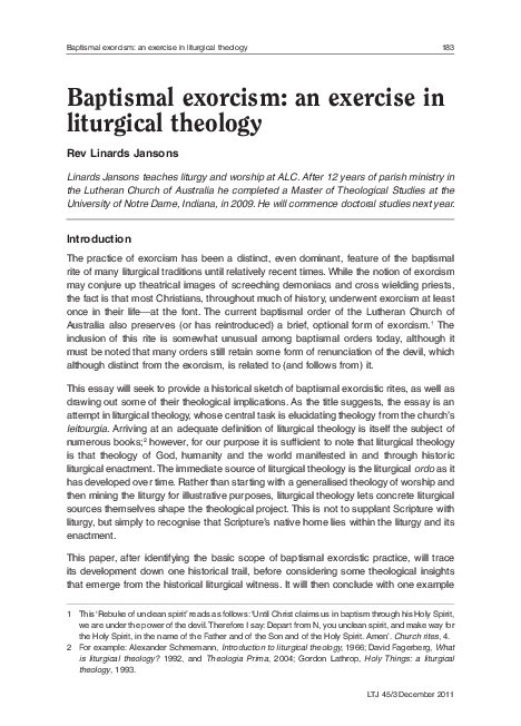 (PDF) Baptismal exorcism: An exercise in liturgical theology