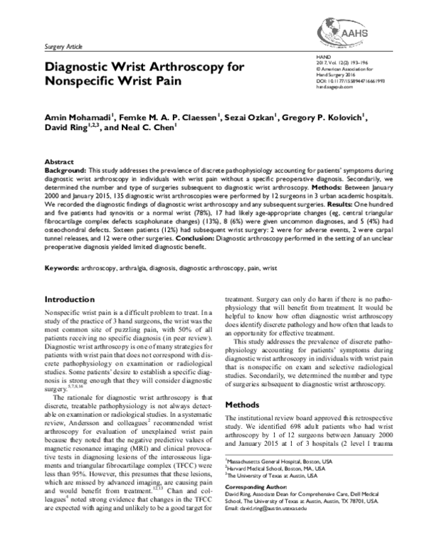 (PDF) Diagnostic Wrist Arthroscopy for Nonspecific Wrist Pain
