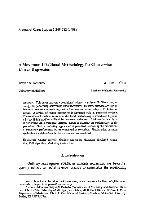(PDF) A maximum likelihood methodology for clusterwise linear regression