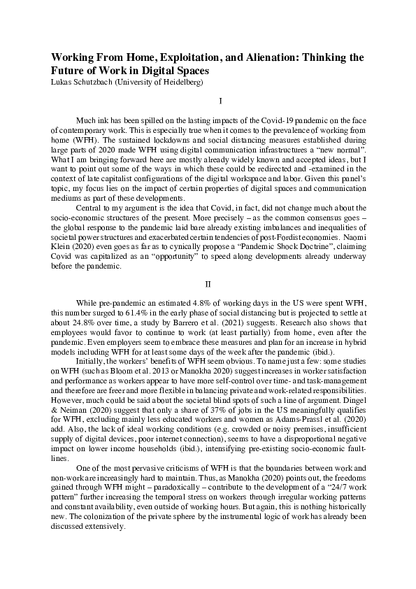 (PDF) Working From Home, Exploitation, and Alienation: Thinking the ...