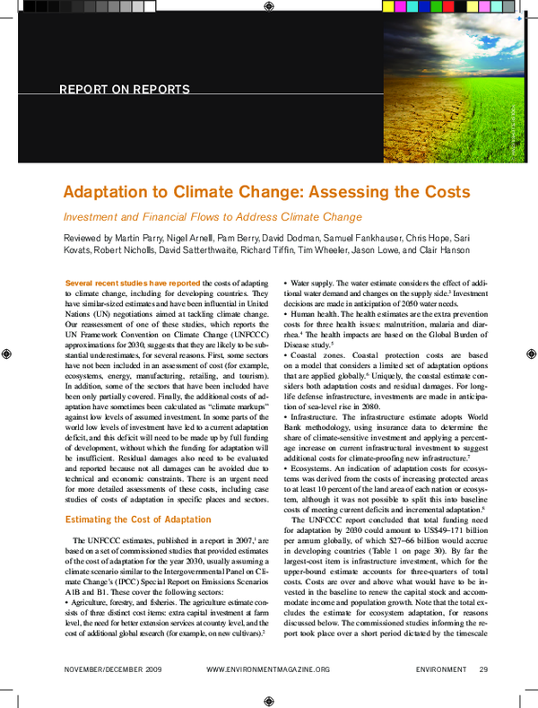 (PDF) Report On Reports: Adaptation to Climate Change: Assessing the Costs