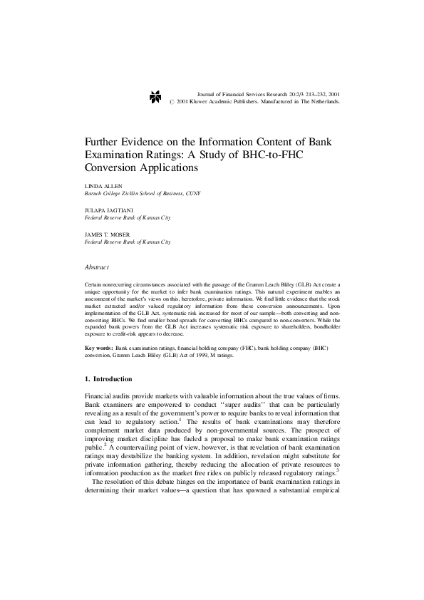 (PDF) Further Evidence on the Information Content of Bank Examination ...