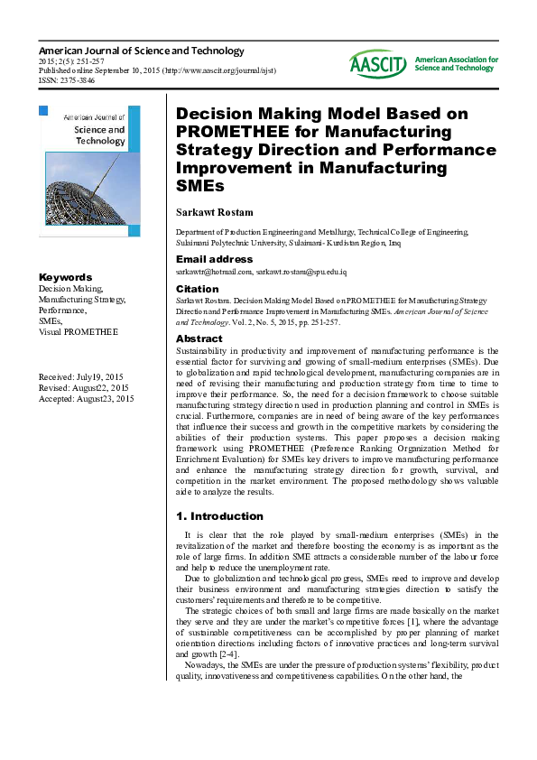 (PDF) Decision Making Model Based on PROMETHEE for Manufacturing ...