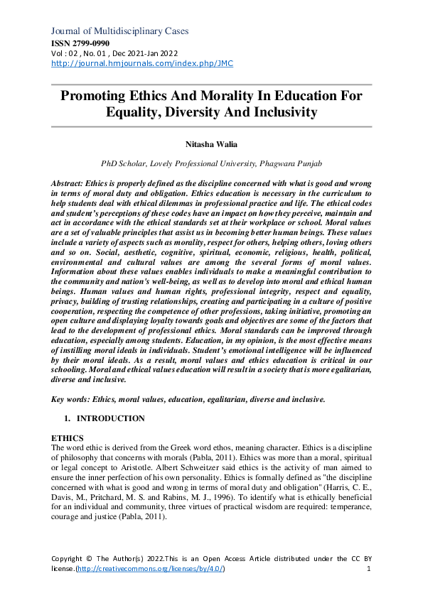 (PDF) Promoting Ethics And Morality In Education For Equality ...