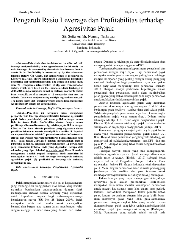 (PDF) Pengaruh Rasio Leverage dan Profitabilitas terhadap Agresivitas Pajak