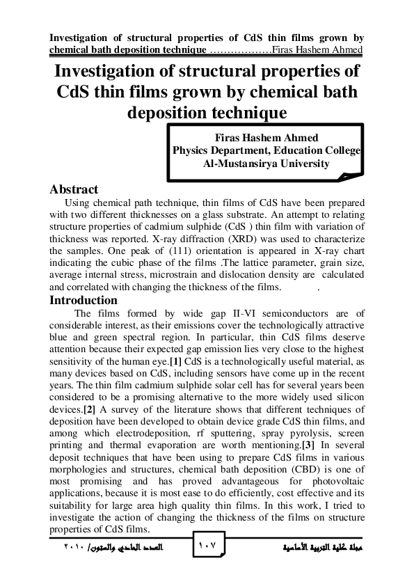 (PDF) Investigation of Structural Properties of CDS Thin Films Grown by Chemical Bath Deposition ...