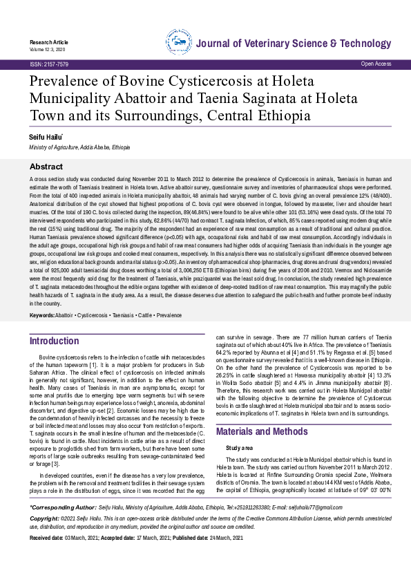 (PDF) Prevalence of Bovine Cysticercosis at Holeta Municipality ...