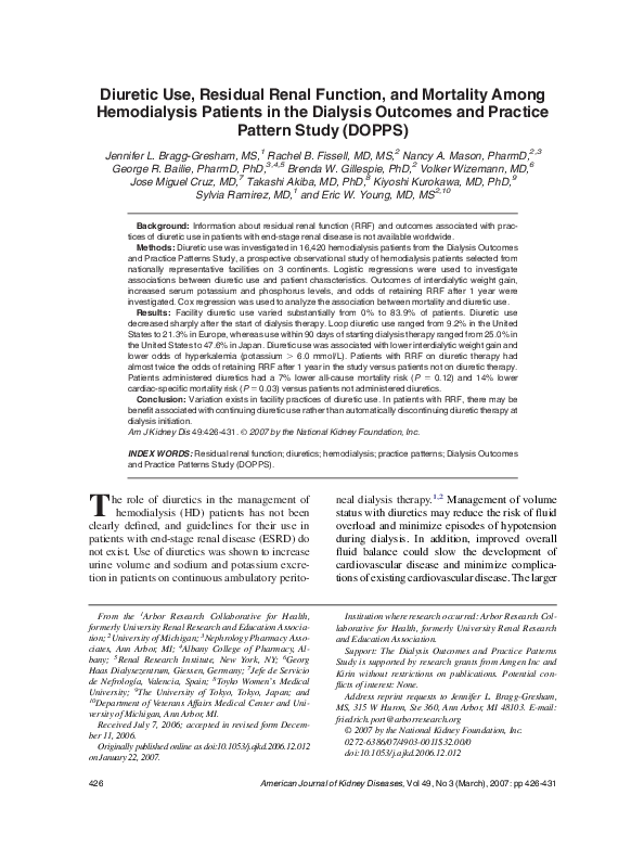 (PDF) Diuretic Use, Residual Renal Function, and Mortality Among ...