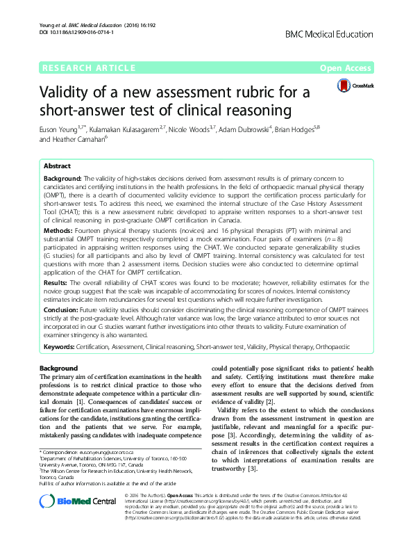 (PDF) Validity of a new assessment rubric for a short-answer test of ...