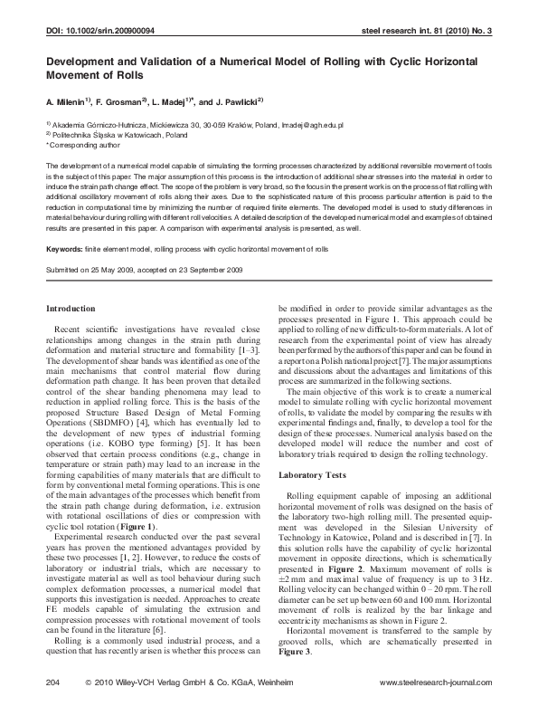 (PDF) Development and Validation of a Numerical Model of Rolling with ...