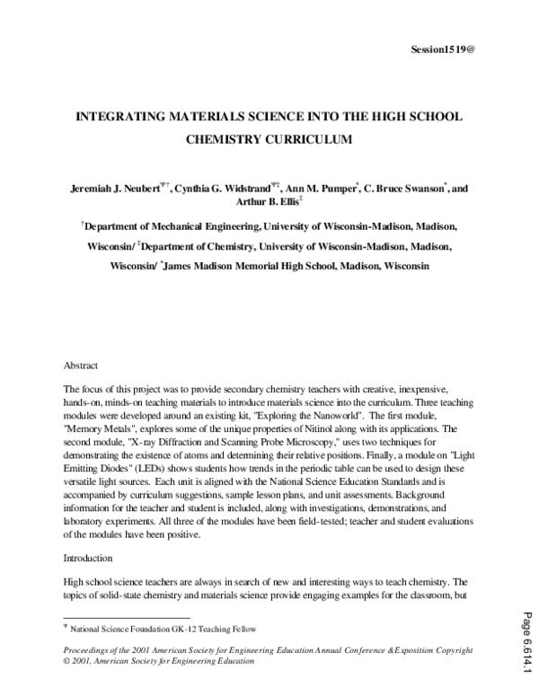 (PDF) Integrating Material Science Into The Standard Chemistry Curriculum