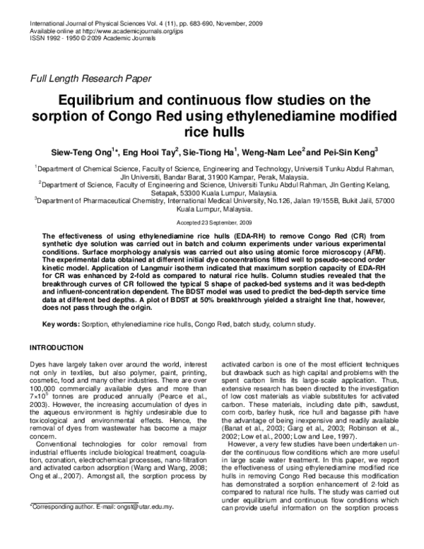 (PDF) Equilibrium and Continuous Flow Studies on the Sorption of Congo ...