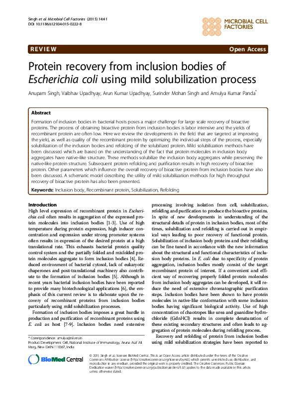 (PDF) Protein recovery from inclusion bodies of Escherichia coli using ...