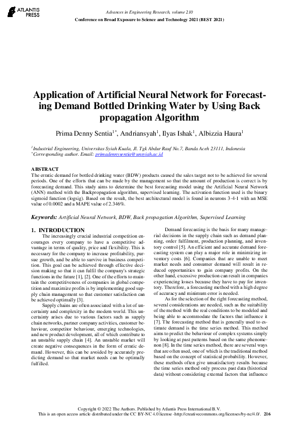 (PDF) Application of Artificial Neural Network for Forecasting Demand Bottled Drinking Water by ...
