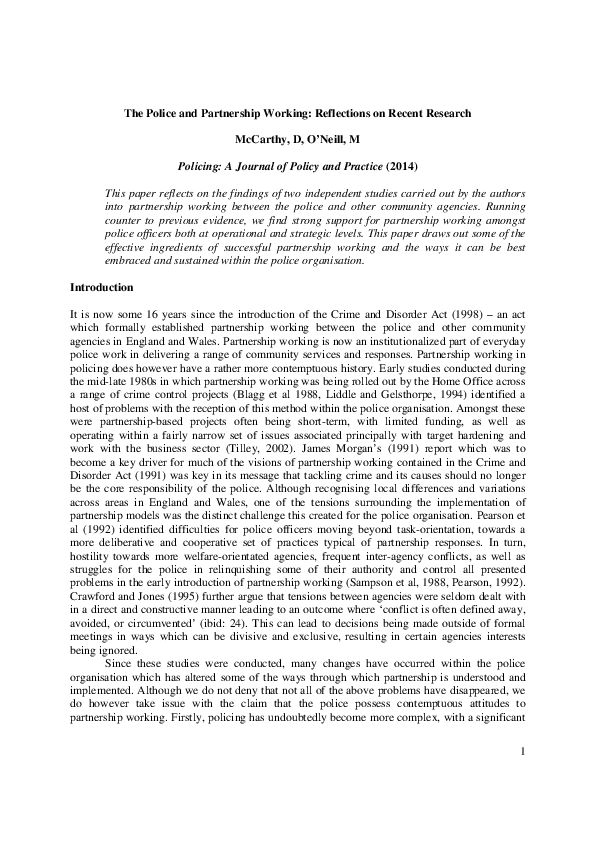 (PDF) The Police and Partnership Working: Reflections on Recent Research