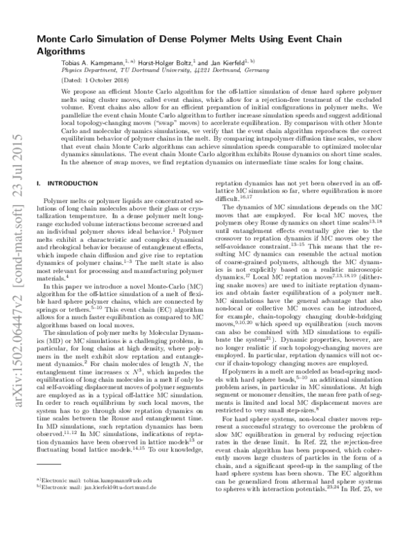 (PDF) Monte Carlo simulation of dense polymer melts using event chain algorithms | Jan Kierfeld ...