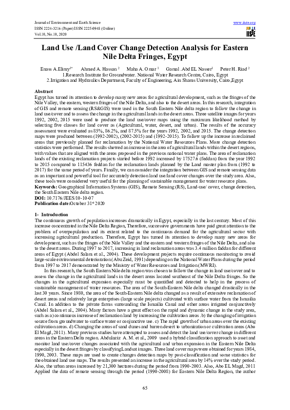 (PDF) Land Use /Land Cover Change Detection Analysis for Eastern Nile Delta Fringes, Egypt