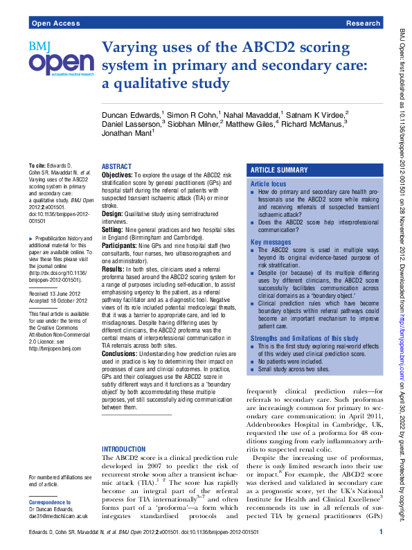 (PDF) Varying uses of the ABCD2 scoring system in primary and secondary ...