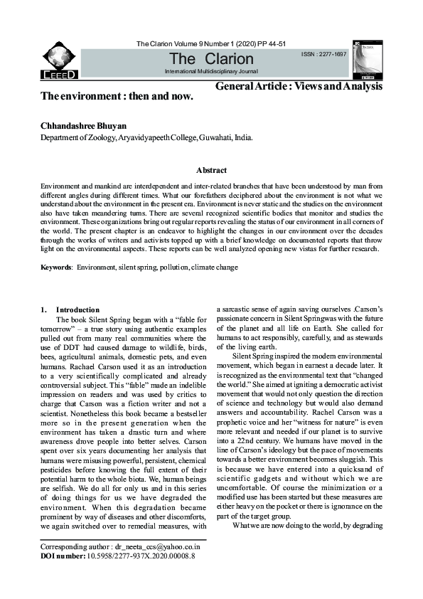 (PDF) The environment : then and now