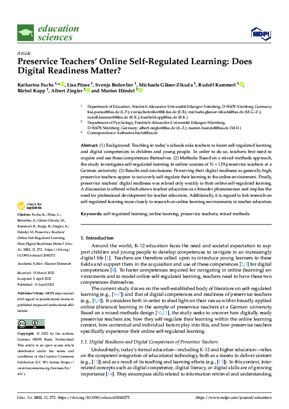 (PDF) Preservice Teachers’ Online Self-Regulated Learning: Does Digital Readiness Matter?