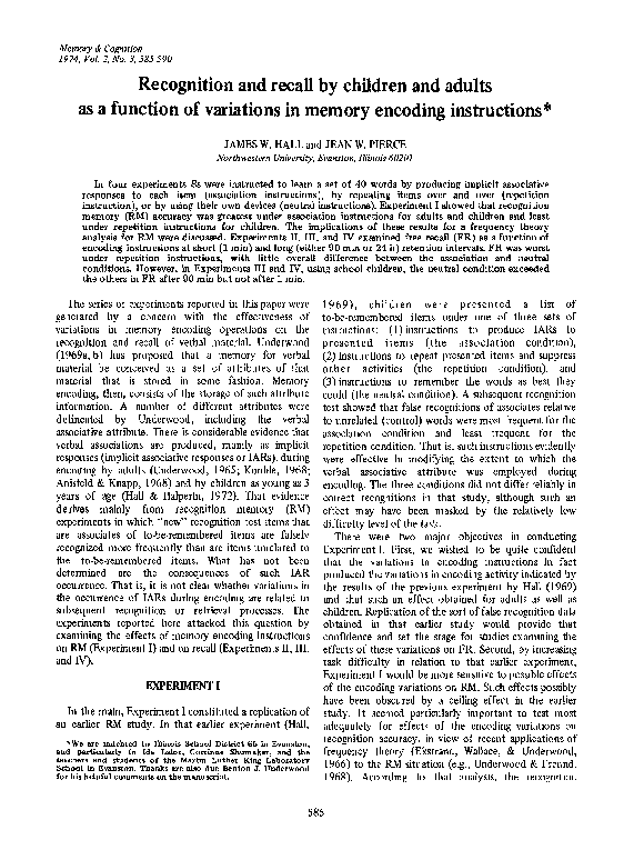 (PDF) Recognition and recall by children and adults as a function of ...
