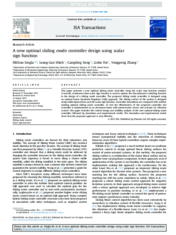 (PDF) A new optimal sliding mode controller design using scalar sign function | Mithun Singla ...