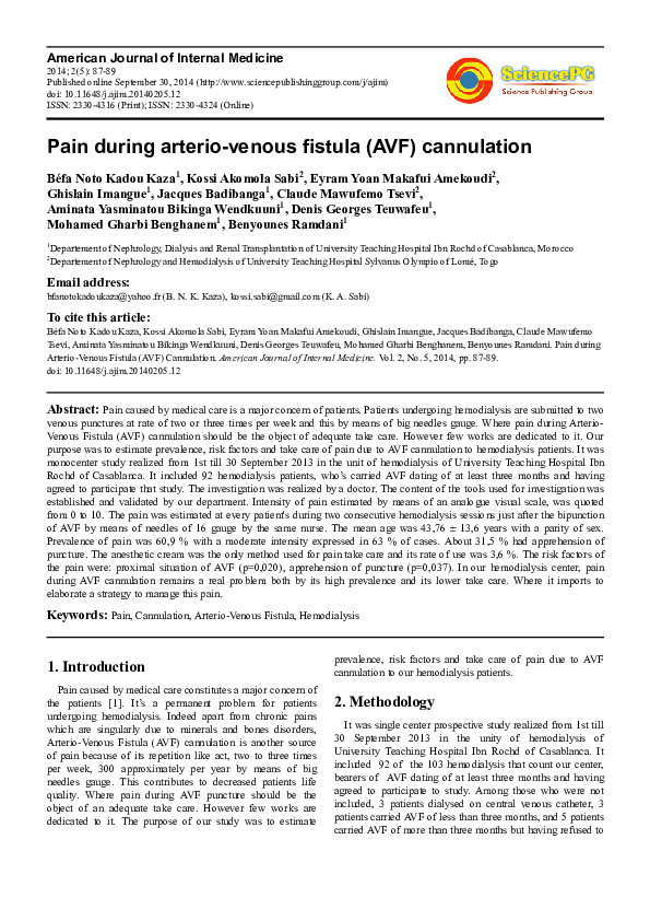 (PDF) Pain during Arterio-Venous Fistula (AVF) Cannulation