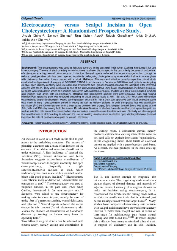 (PDF) Electrocautery versus Scalpel Incision in Open Cholecystectomy: A ...