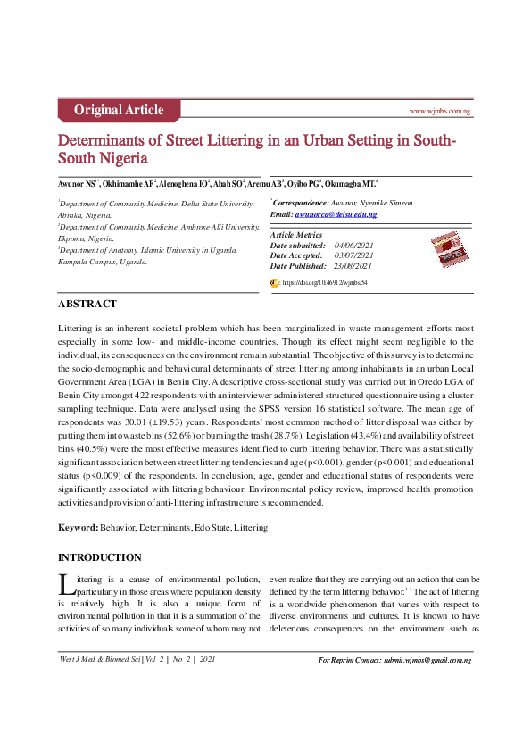 (PDF) Determinants of Street Littering in an Urban Setting in South ...