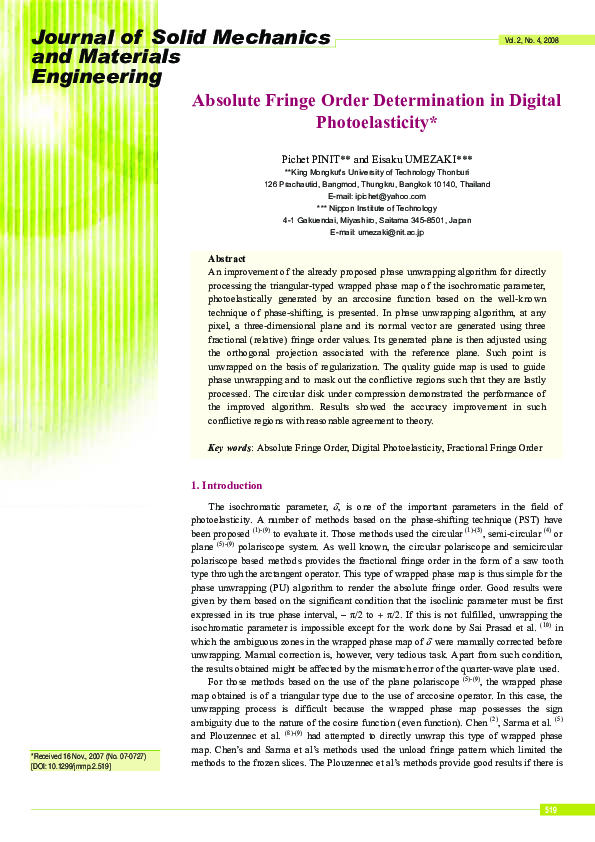 (PDF) Absolute Fringe Order Determination in Digital Photoelasticity | พิเชษฐ์ พินิจ - Academia.edu