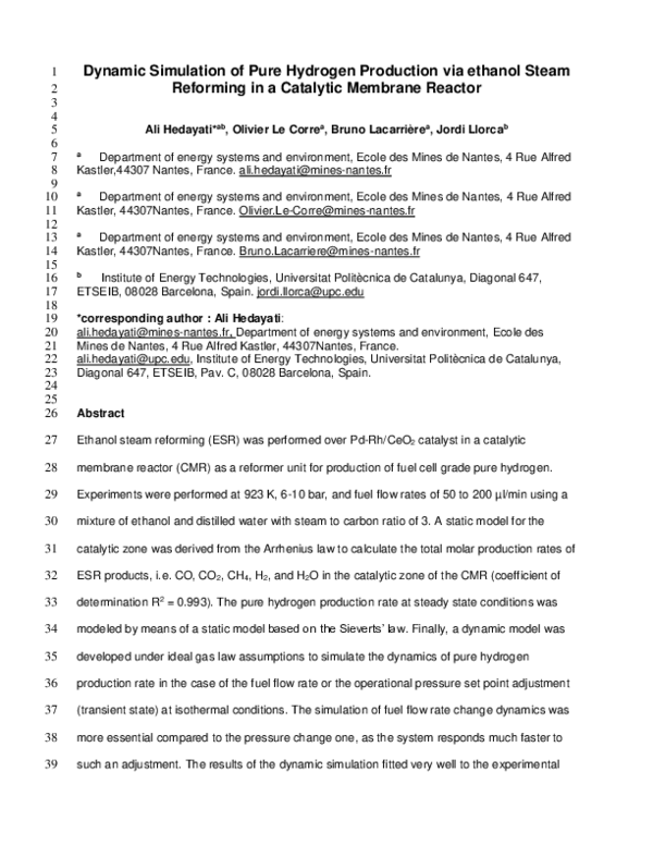Pdf Dynamic Simulation Of Pure Hydrogen Production Via Ethanol Steam Reforming In A Catalytic