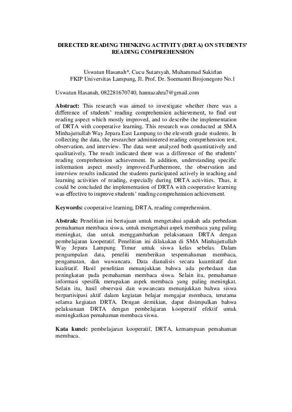 (PDF) Directed Reading Thinking Activity (Drta) on Students’Reading Comprehension