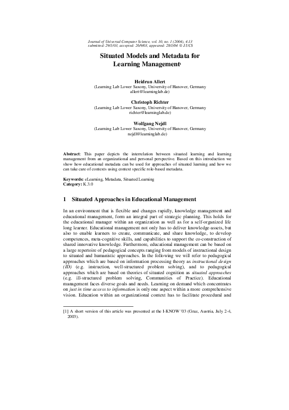 (PDF) Situated Models and Metadata for Learning Management