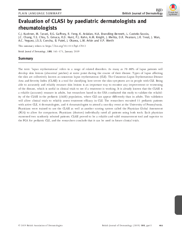(PDF) Evaluation of CLASI by paediatric dermatologists and rheumatologists