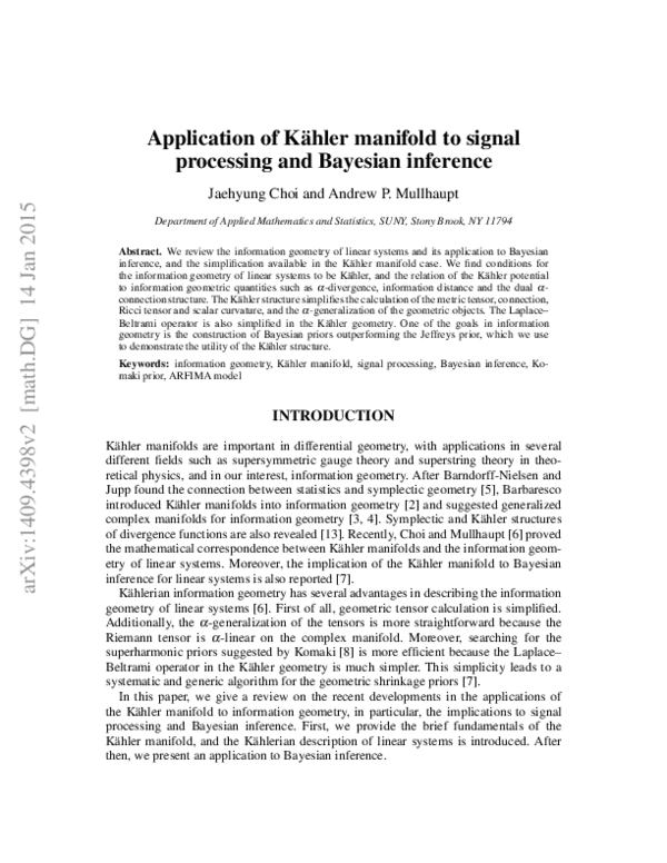 (PDF) Application of Kähler manifold to signal processing and Bayesian ...