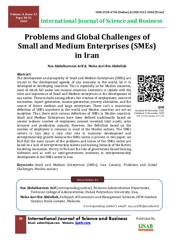 (PDF) Problems and Global Challenges of Small and Medium Enterprises (SMEs) in Iran