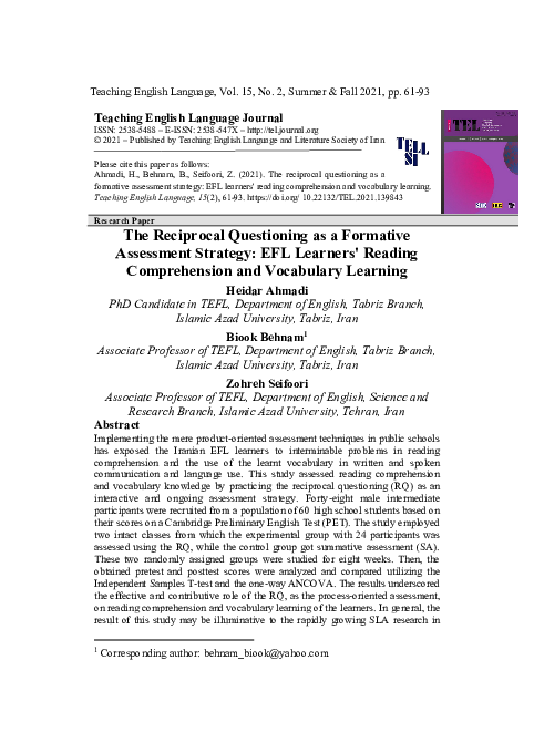 (PDF) The Reciprocal Questioning as a Formative Assessment Strategy ...